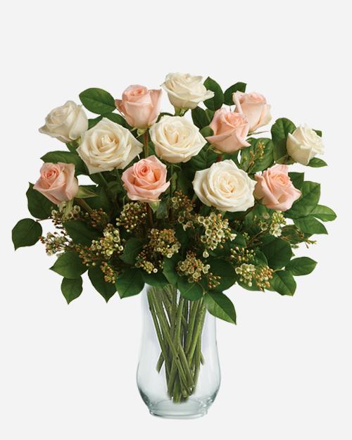 Dozen Peach & White Roses - Fresh Blooms Flowers Delivery Langley